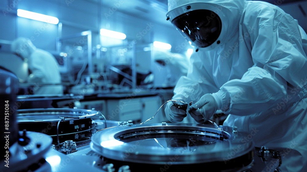 An aerospace engineer in a cleanroom meticulously inspects the ...