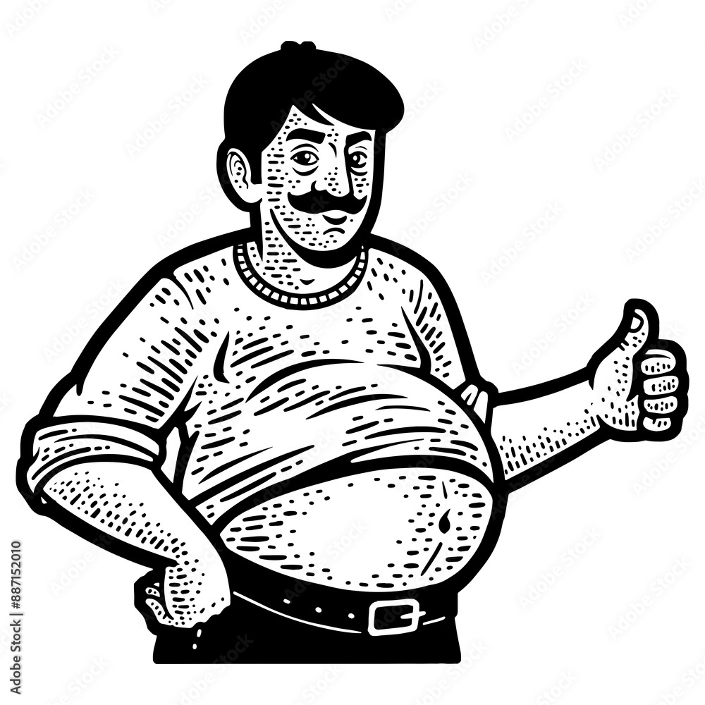 Fat man with beer belly abdominal obesity sketch engraving PNG ...