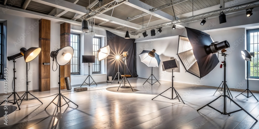 Modern photo studio overflowing with assorted lights, softboxes ...