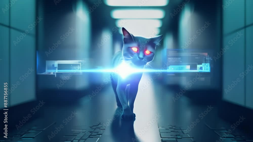 A Steady cam tracks a sleek cyborg cat stalking through a neon-lit ...