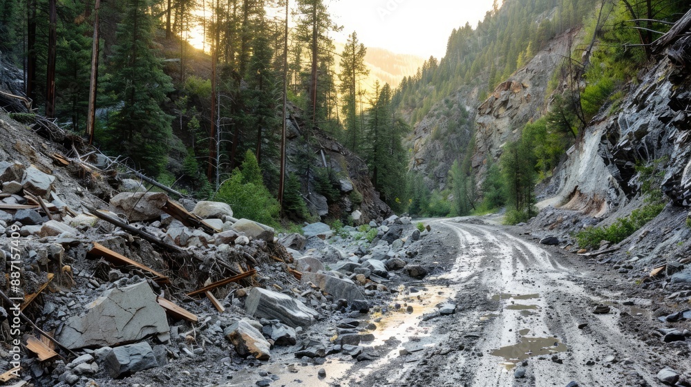 This national forest road is blocked by a land slide of rock and debris ...