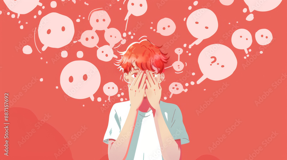 illustration of a distressed person covering his face, surrounded by ...