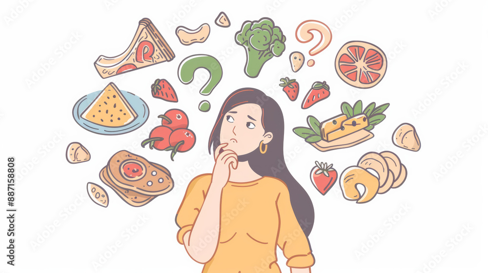 woman descent is pondering various food options. Around her head are ...