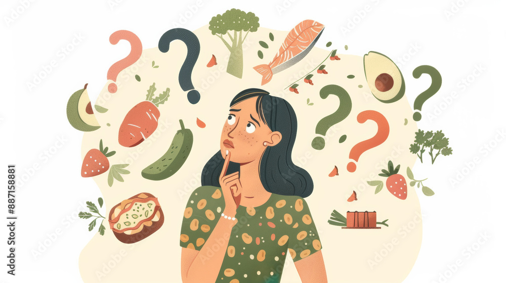 woman descent is pondering various food options. Around her head are ...