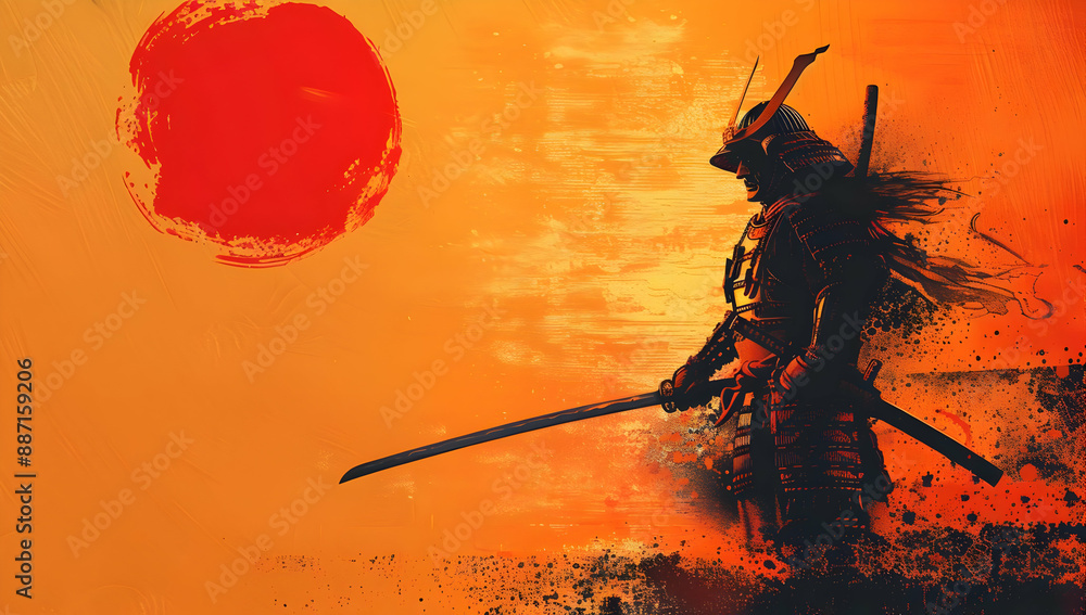 Samurai warrior in traditional armor with katana, gazing at a red sun ...
