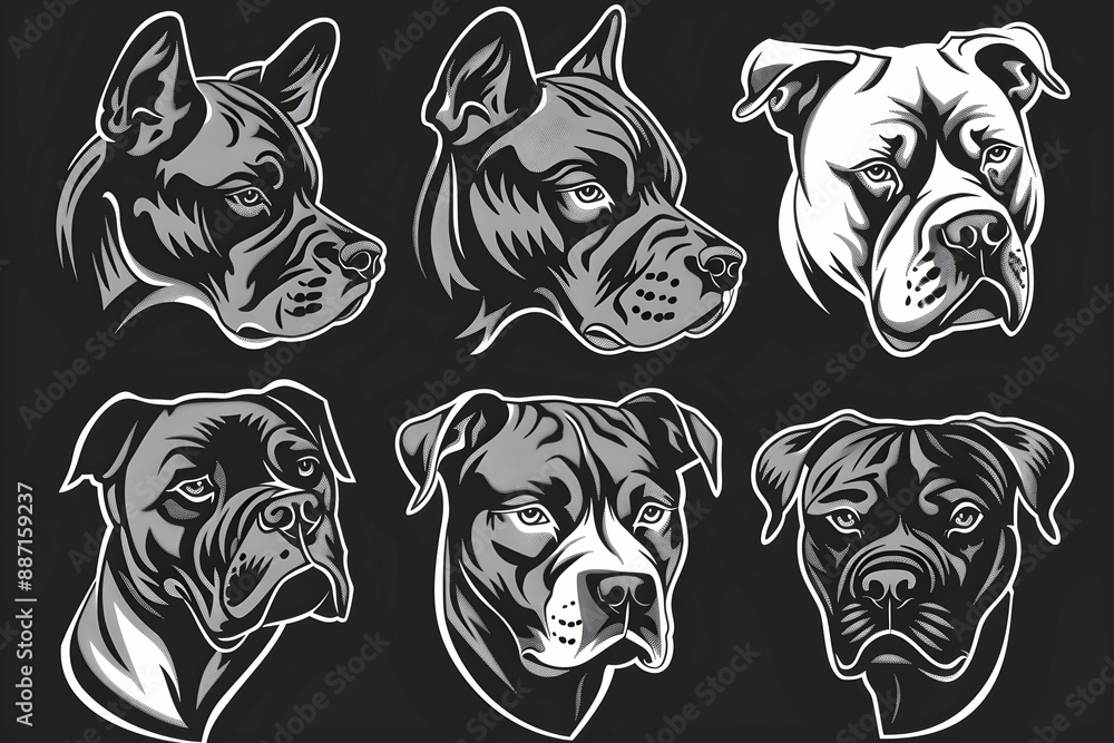Set of six detailed vector illustrations of different dog breeds in ...