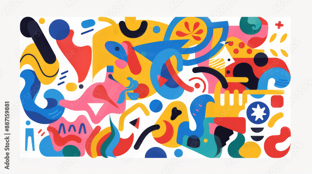 colorful abstract painting featuring various shapes and patterns in ...