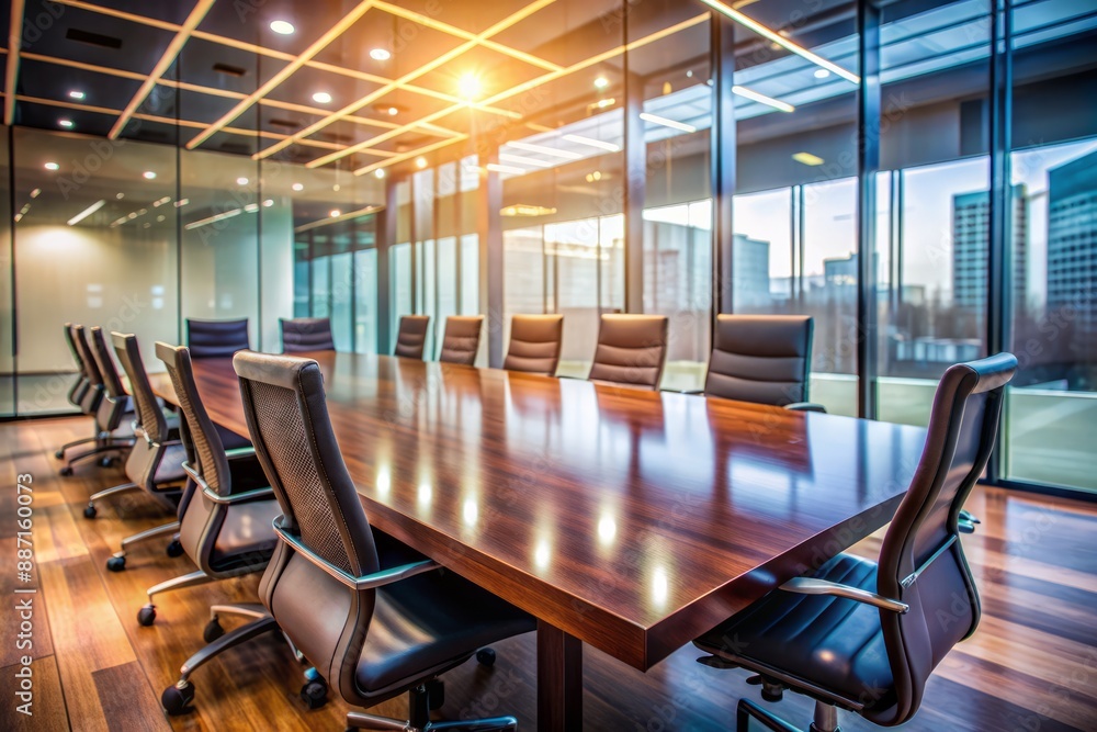 Blurred corporate conference room with empty chairs and dark wood table ...