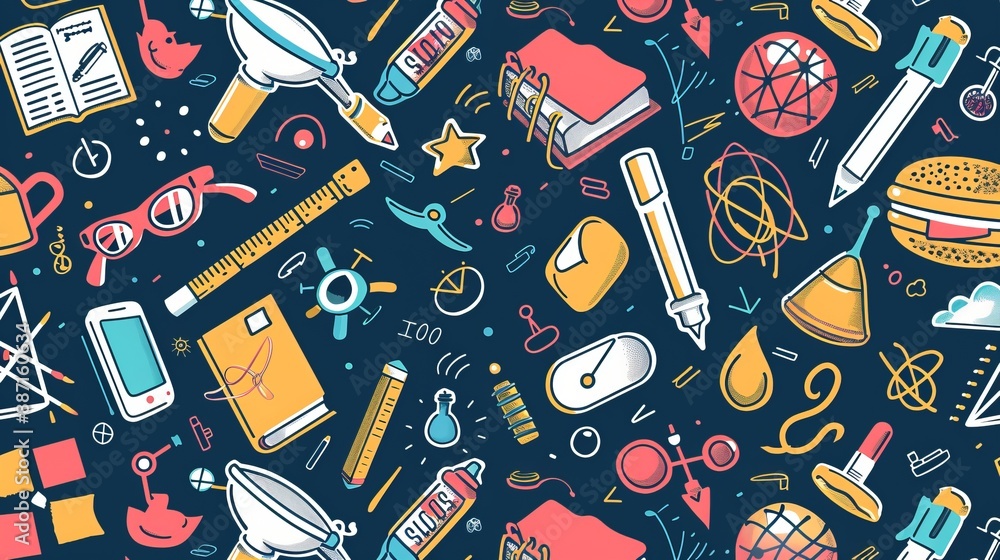 A pattern featuring science-related objects and symbols including books ...