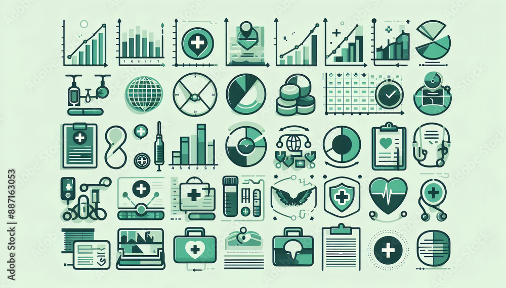 Health & Medical Statistics Charts, Green Tones, Medical Icons, Line ...