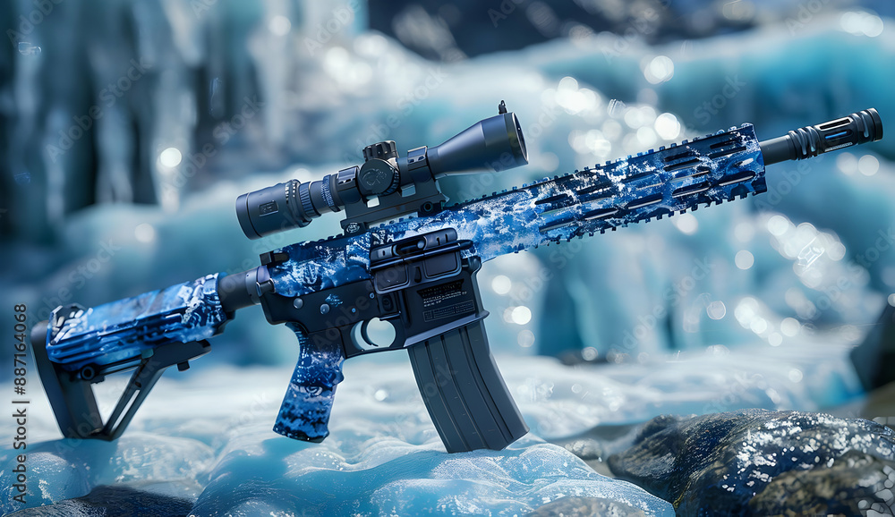 Modern rifle with blue camouflage and scope against ice background ...