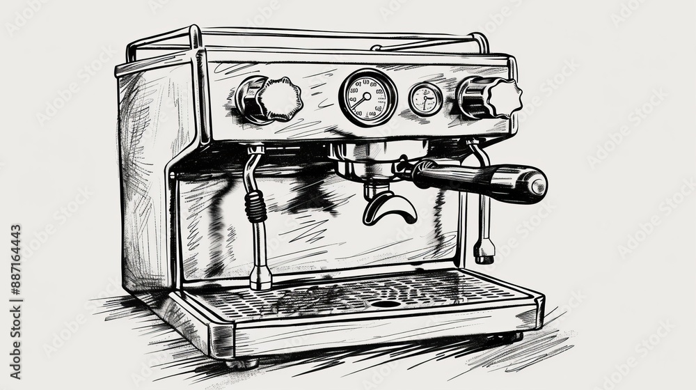 A black and white hand-drawn artistic representation of an espresso ...