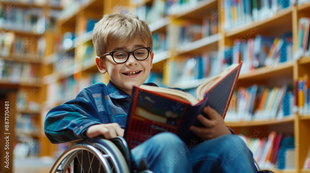 Inclusive image of a happy cute disabled school student in a wheelchair ...