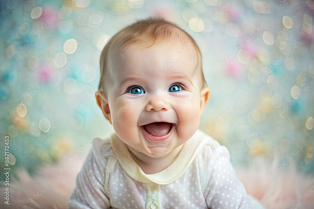 Adorable baby's toothy grin takes center stage against a soft, pastel ...