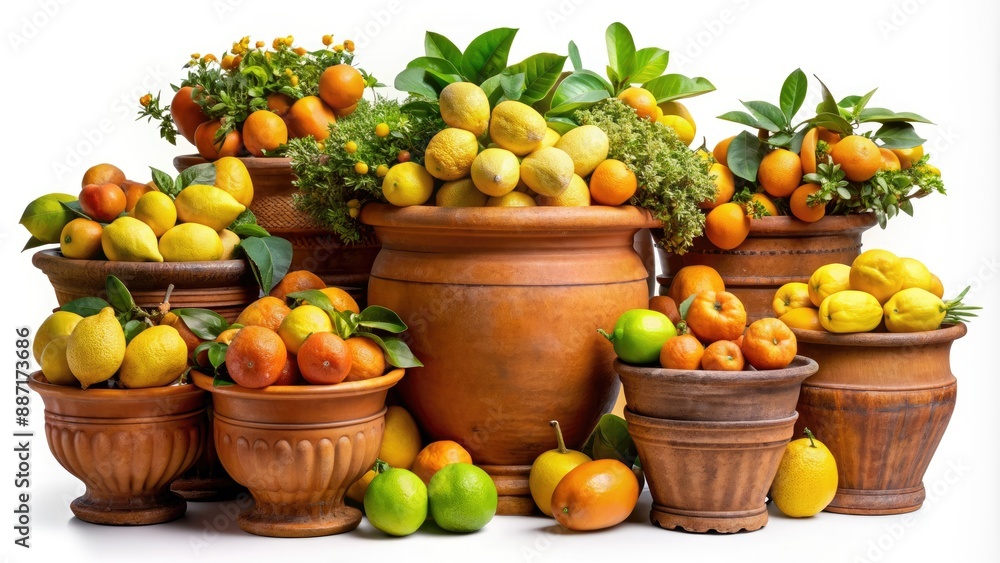 Ancient Roman style ornate terracotta pots overflowing with ripe orange ...
