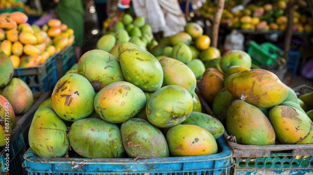 Freshly picked large green mangoes in neatly organised piles at fruit ...