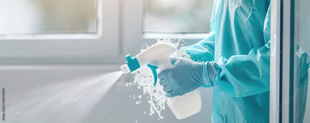 Healthcare Worker Disinfecting Hospital Room with Spray Bottle for ...