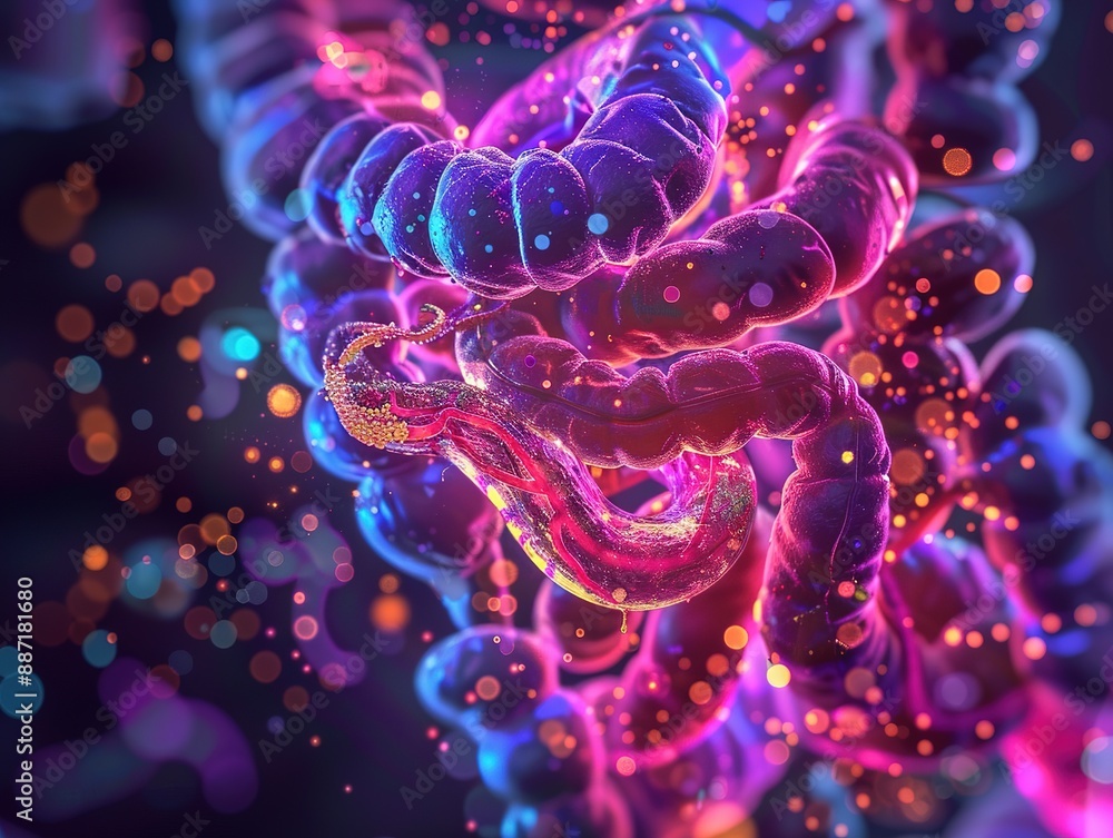Radiant human digestive system, glowing intestines with neon particles ...