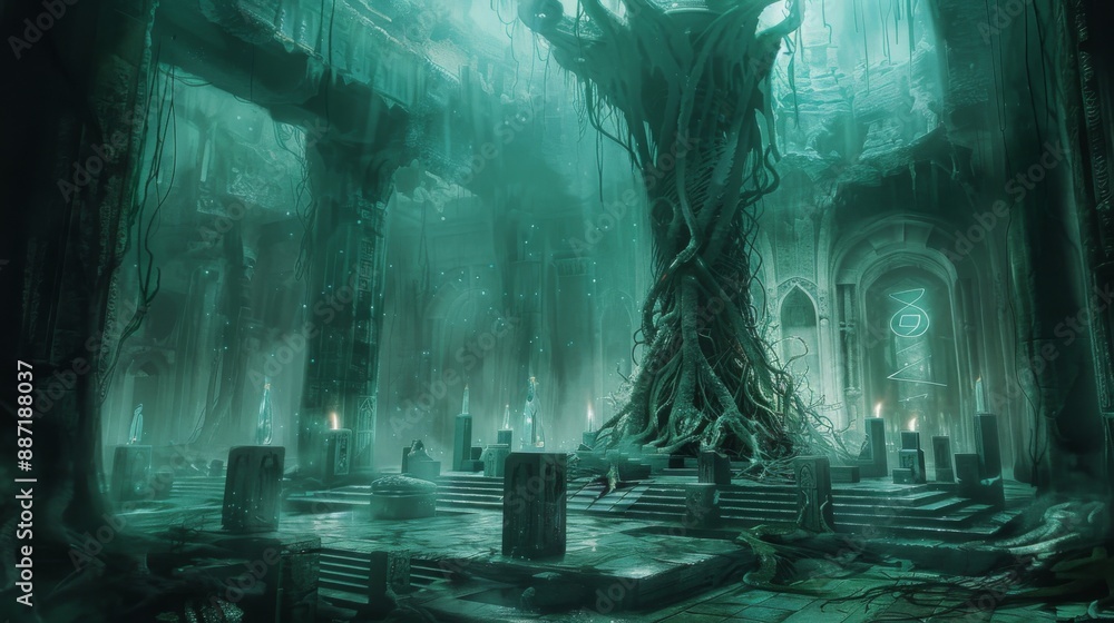 An overgrown temple interior with a giant tree in the center. The ...