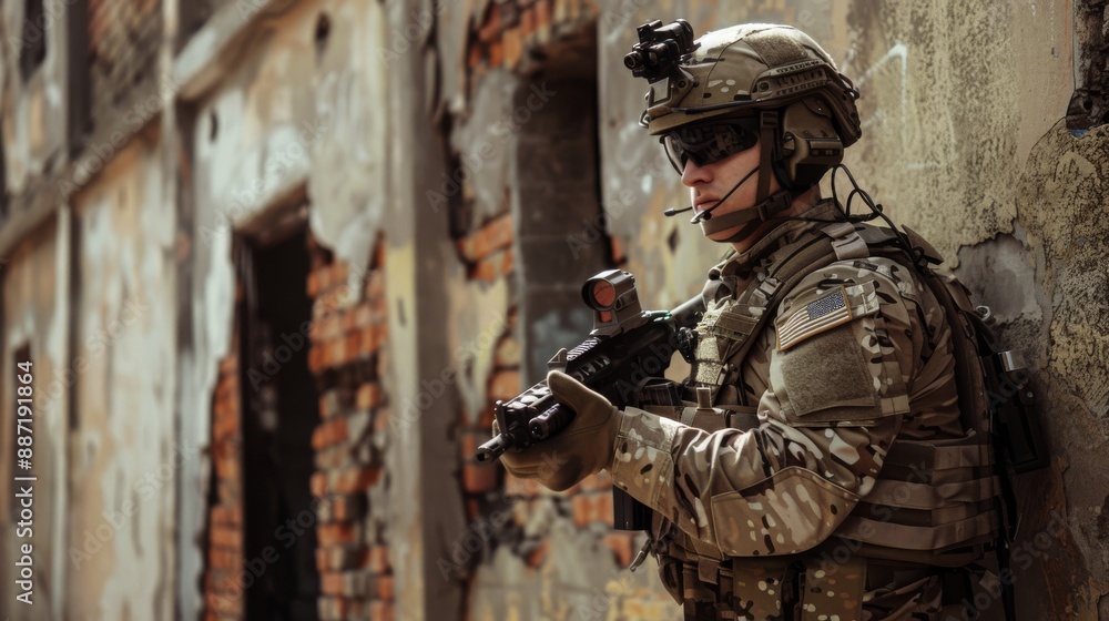 Delta Force soldier in urban camouflage checking his surroundings ...