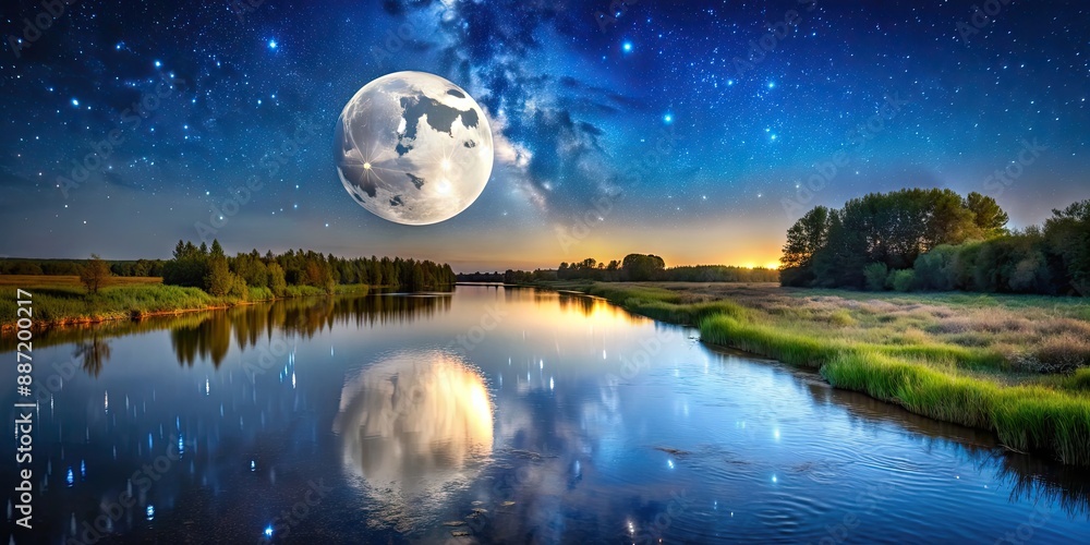 Full moon shining over a tranquil river with stars in the night sky ...