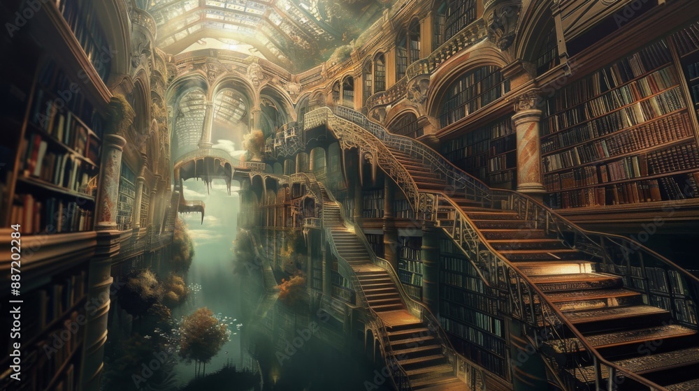 An expansive library with winding staircases and a vast collection of ...