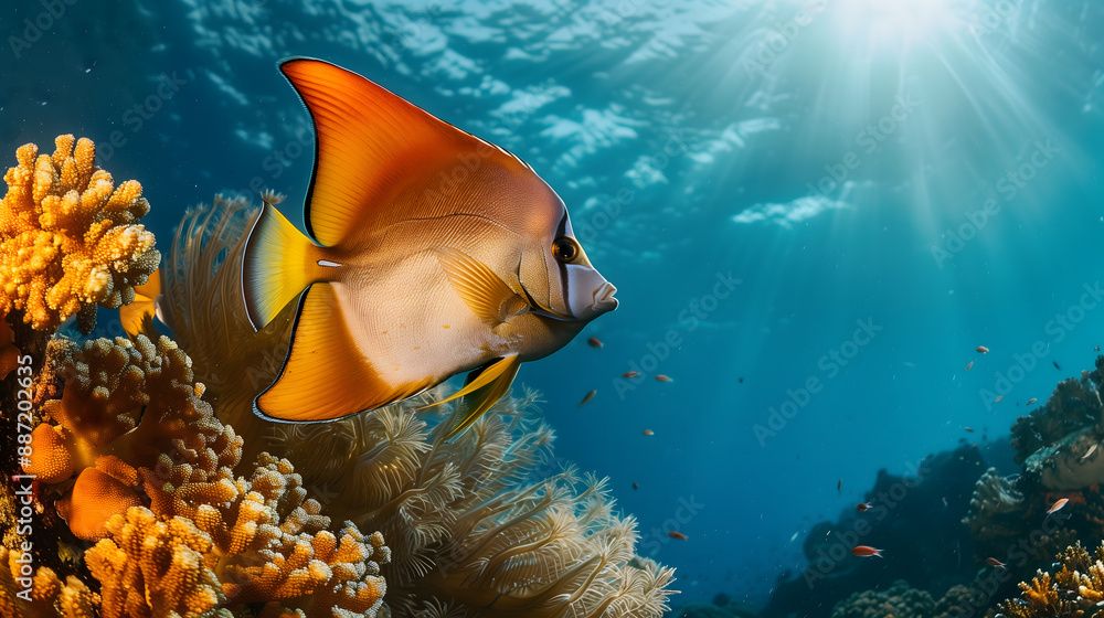 bat fish in the ocean Below is a beautiful coral reef. The water was ...