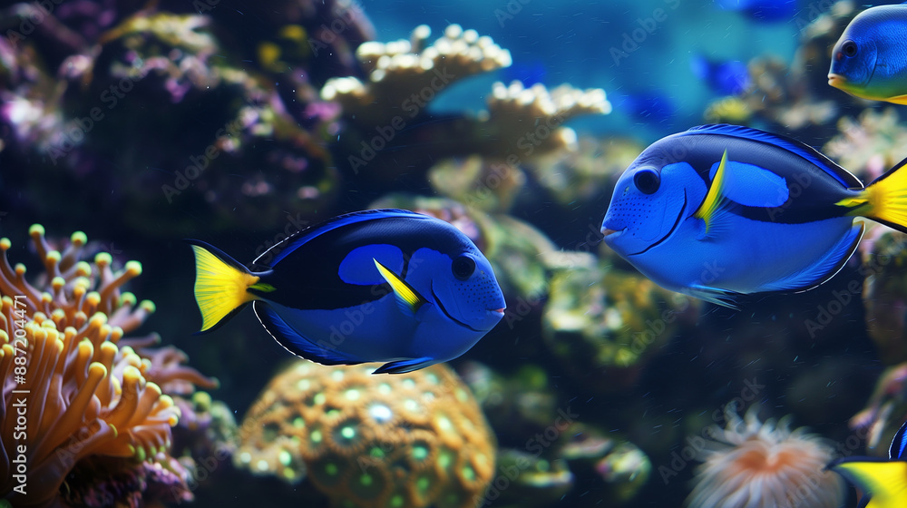 Royal blue tang with tropical fish surrounded by coral reef and anemone ...
