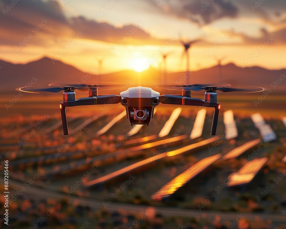 4K drone soaring over a renewable energy farm, wind turbines and solar ...