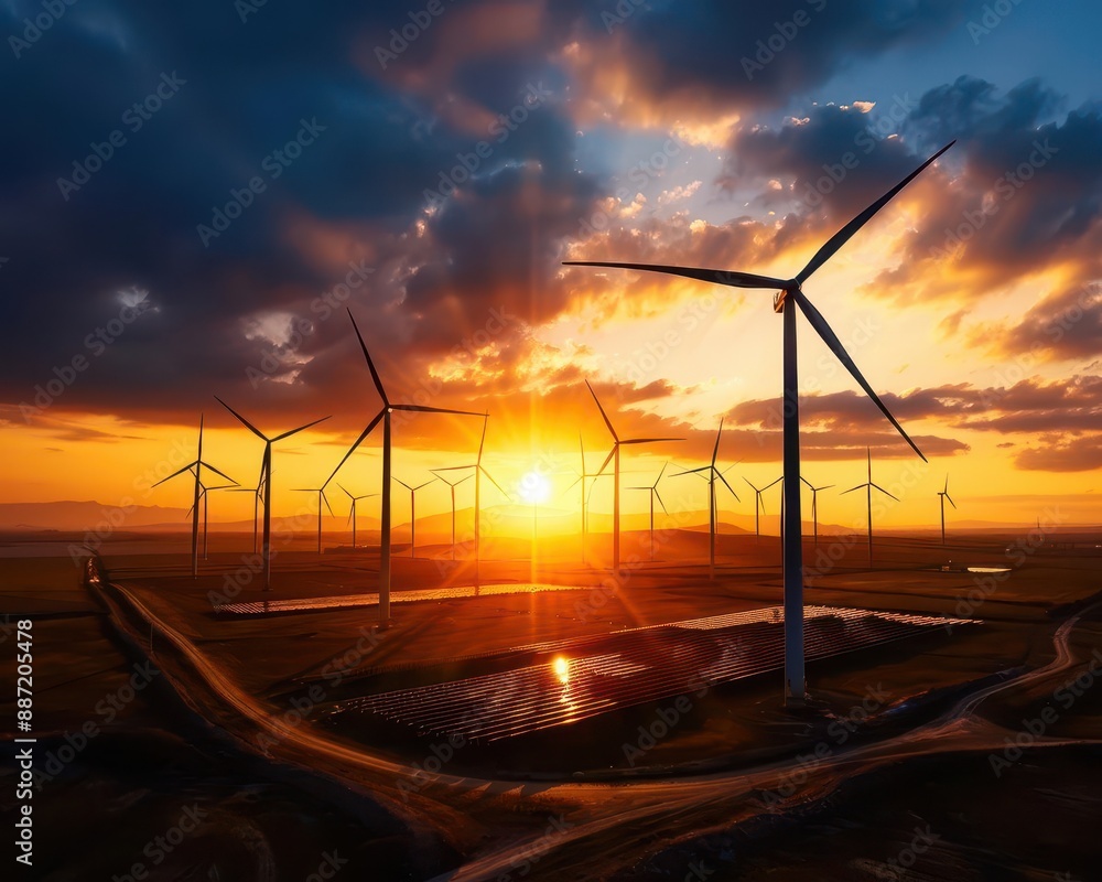 4K drone soaring over a renewable energy farm, wind turbines and solar ...