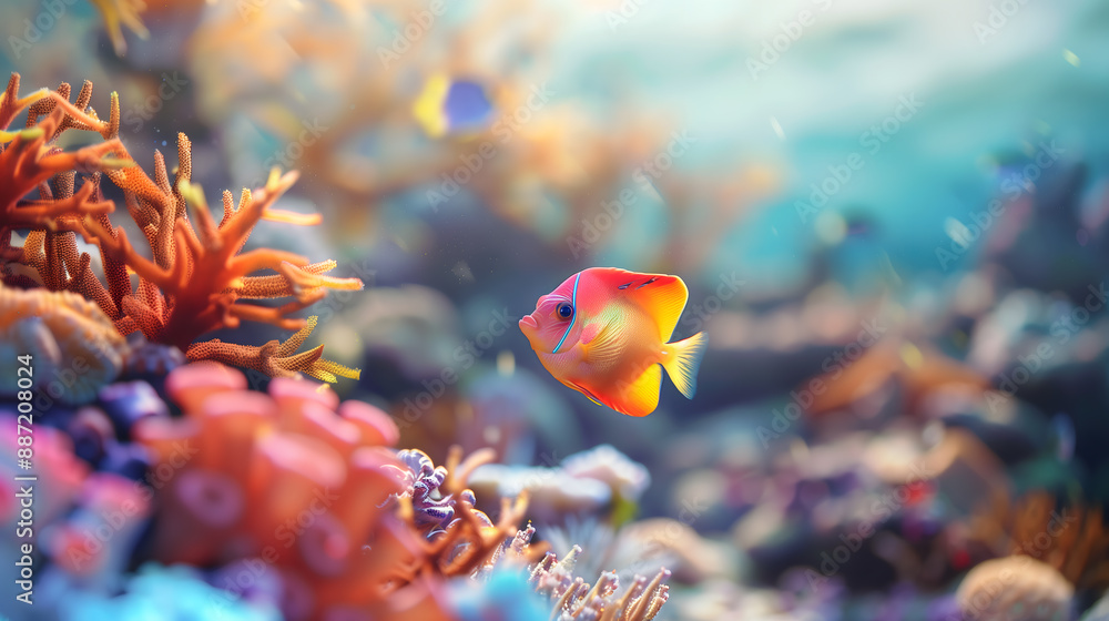 Mimic tank fish swimming in the ocean Below is a beautiful coral reef ...