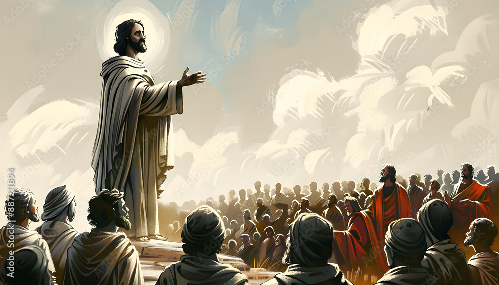 Jesus delivering the Sermon on the Mount to a large crowd, digital ...