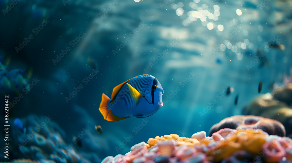 Powder blue fish swimming in the ocean Below is a beautiful coral reef ...