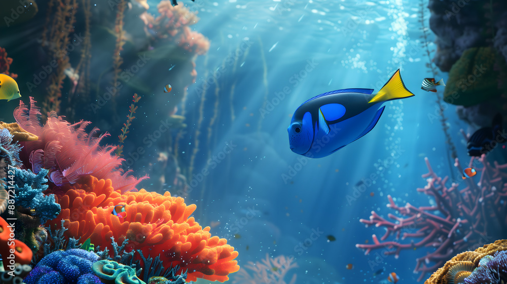 Powder blue fish swimming in the ocean Below is a beautiful coral reef ...