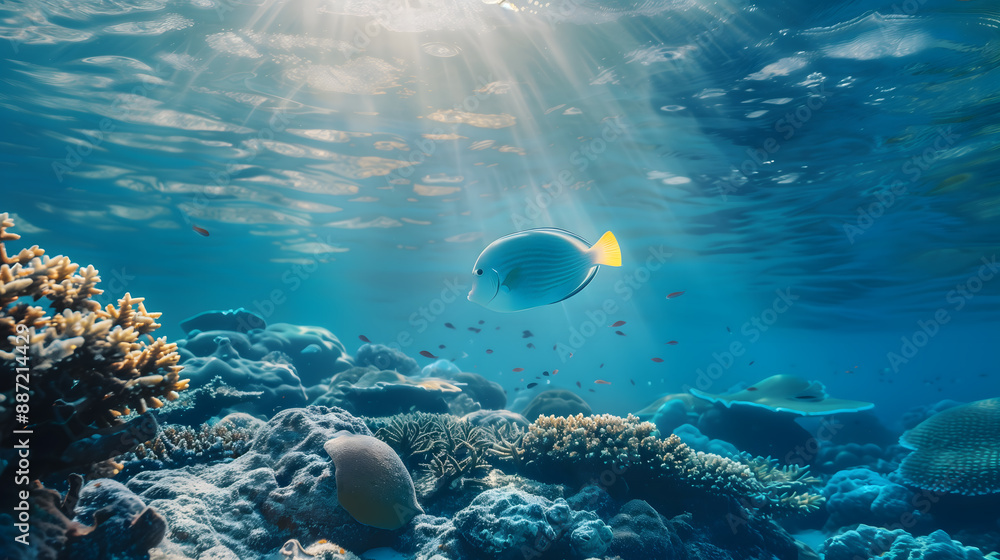 Powder blue fish swimming in the ocean Below is a beautiful coral reef ...