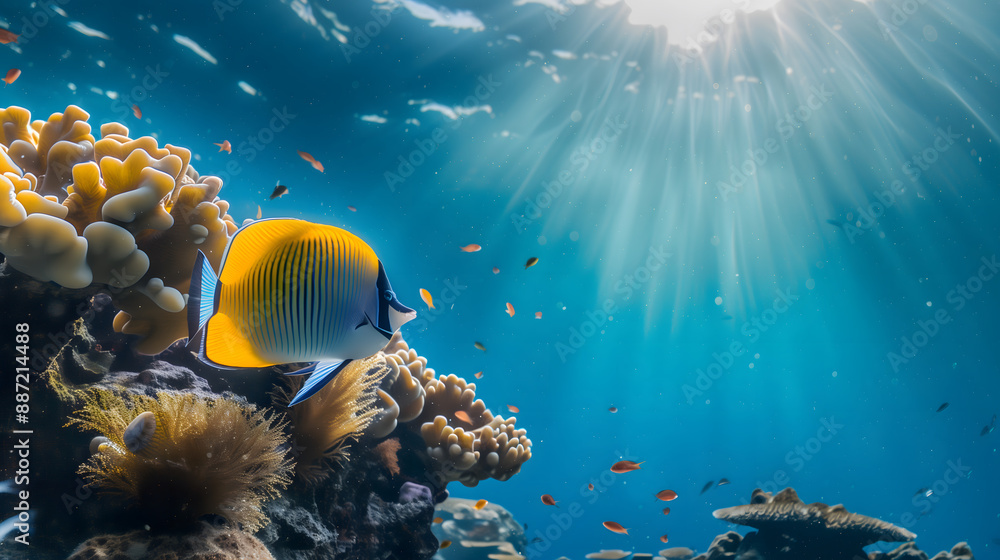 Powder blue fish swimming in the ocean Below is a beautiful coral reef ...