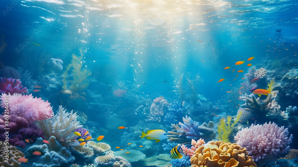 Powder blue fish swimming in the ocean Below is a beautiful coral reef ...