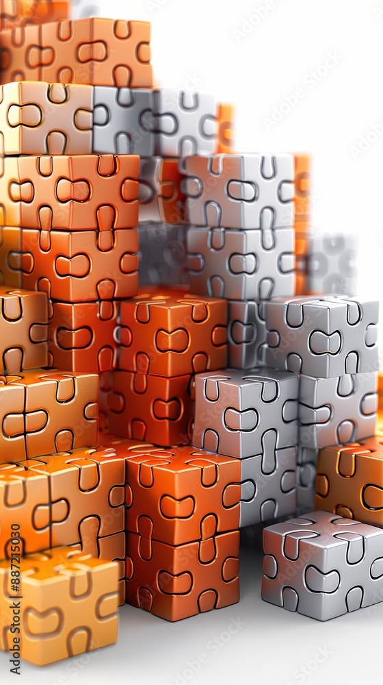 A pile of colorful puzzle blocks in gold, silver, and orange, forming a ...