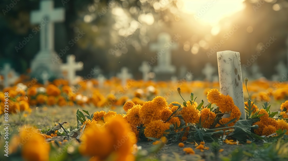 Cemetery decor for Dia De Los Muertos, elaborate marigold wreaths and ...