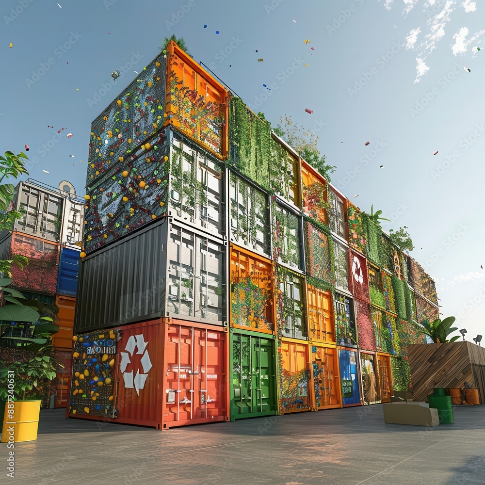 Community recycling hub with green technology, sustainability, waste ...