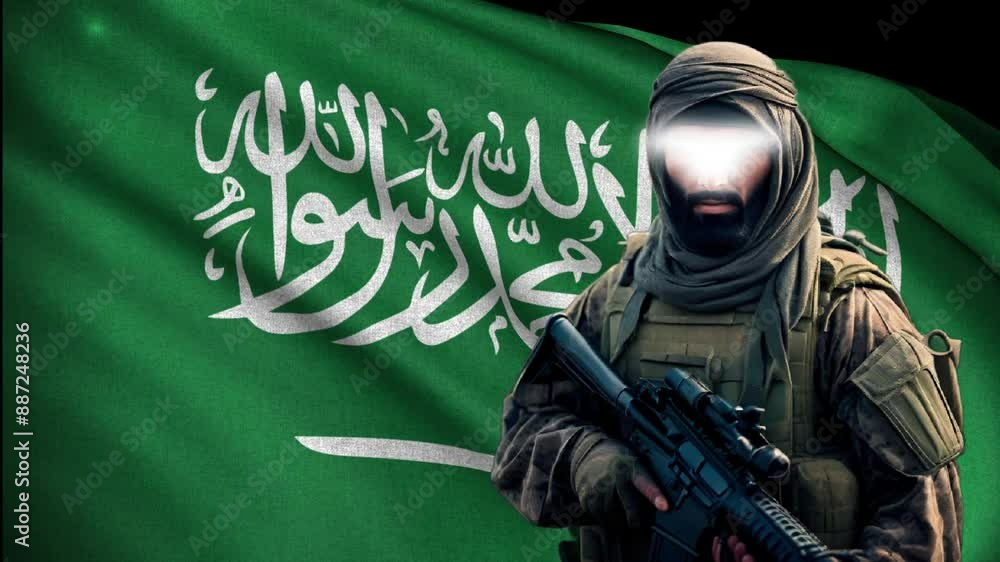 male KSA Saudi Arabian soldier holding weapon in front of KSA flag ...