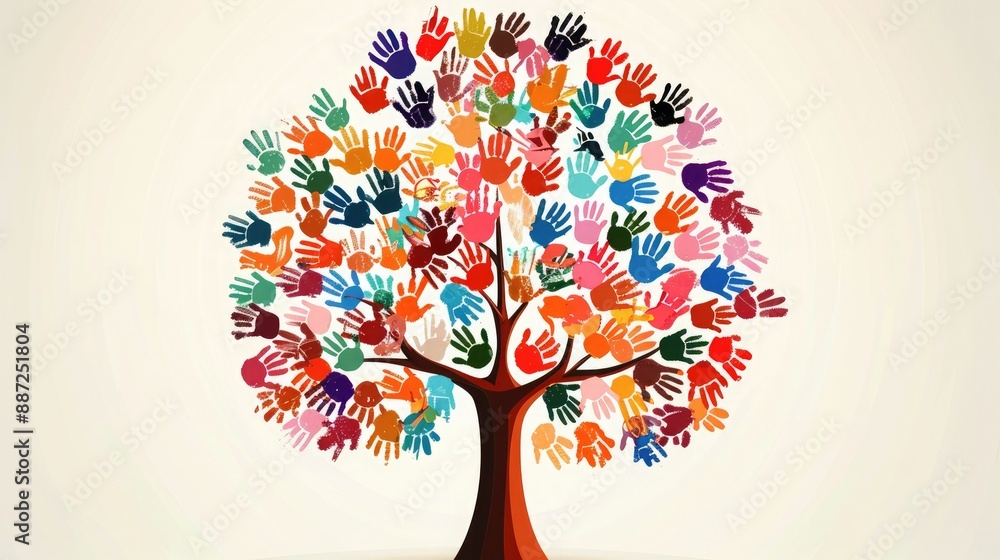 Colorful handprint tree illustration representing diversity, unity, and ...