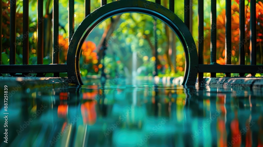 Colorful reflections on smooth water surface through a circular opening ...