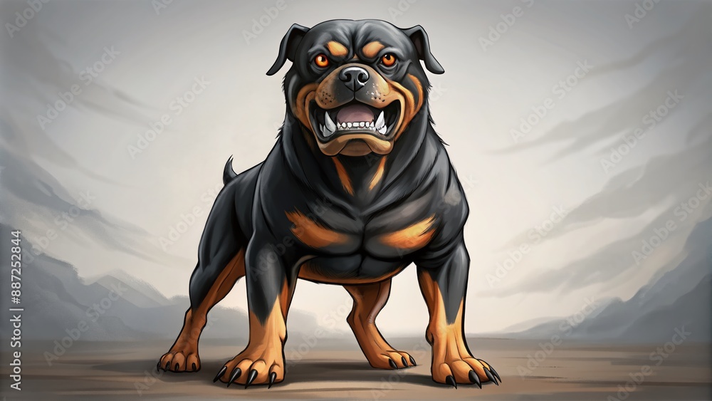 Loyal Rottweiler stands guard, muscles tensed, eyes alert, protecting ...