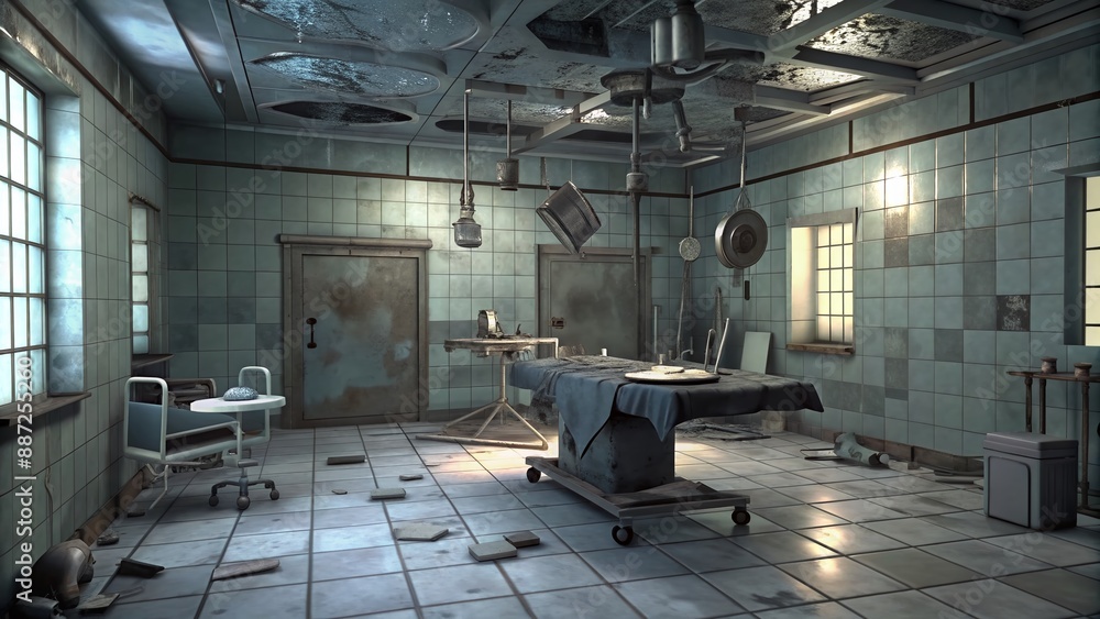 Forgotten medical equipment, rusted and decaying, litters a dimly lit ...