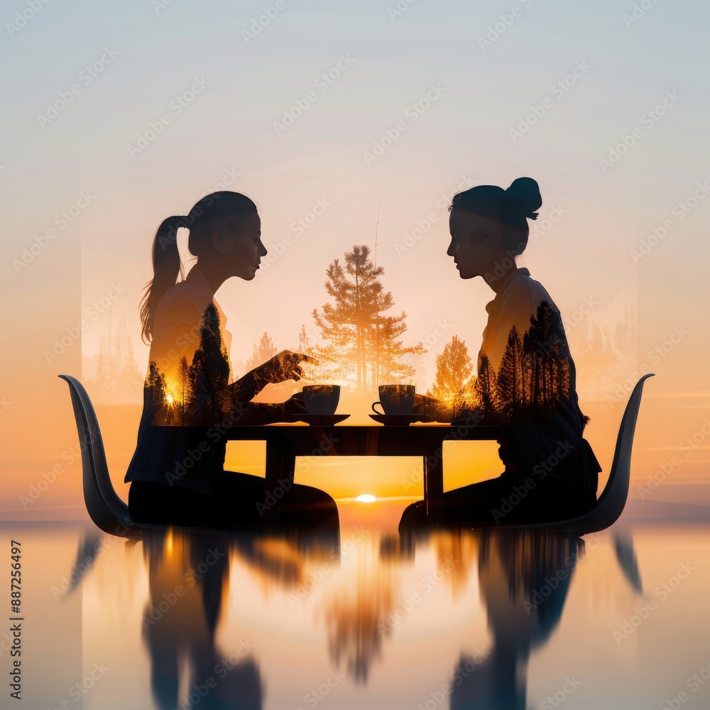 Silhouettes of two women sitting at a table, enjoying a sunset while ...