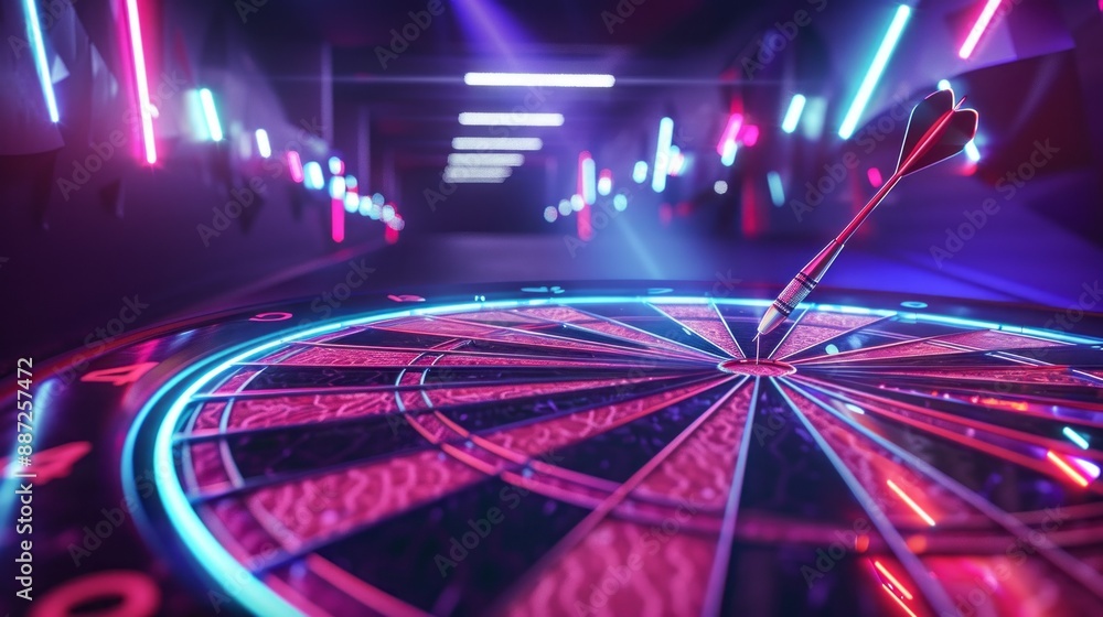 A neon-lit dartboard glows in a dark, futuristic setting, with a single ...