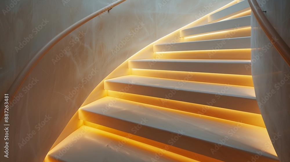 Interior staircase featuring a smooth curve with warm light emanating ...