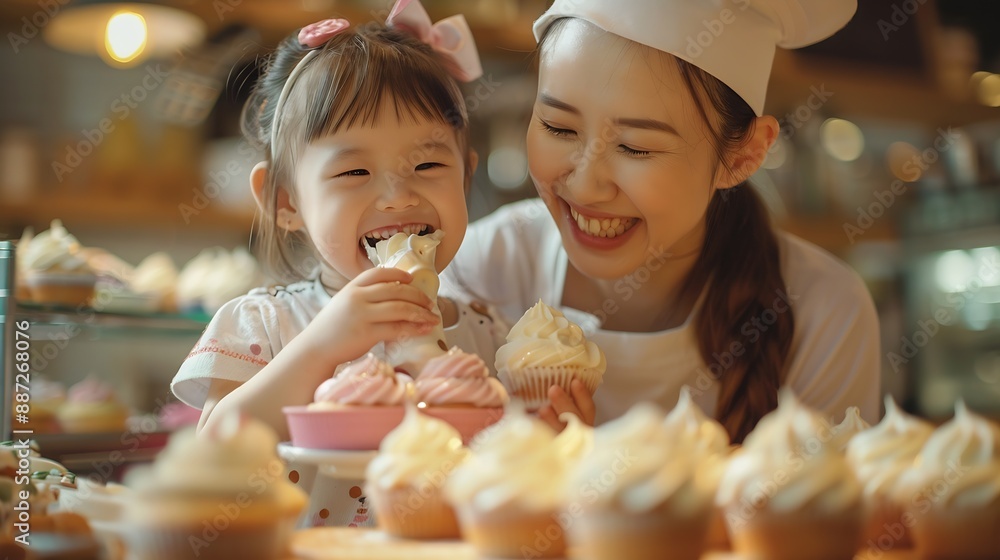 Asian female baker pastry chef mother helping teaching little girl ...