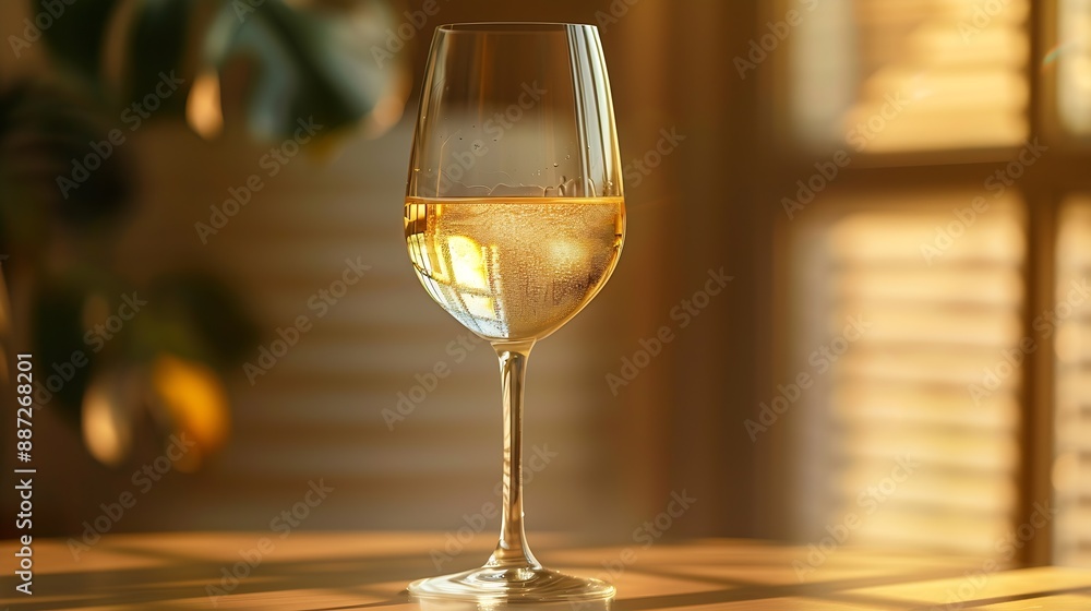 One wineglass with white wine sparkling at sunlight beige background ...